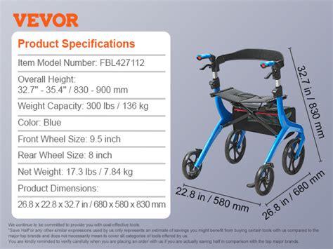 VEVOR Déambulateur pliable pour personnes âgées et adultes charge 136