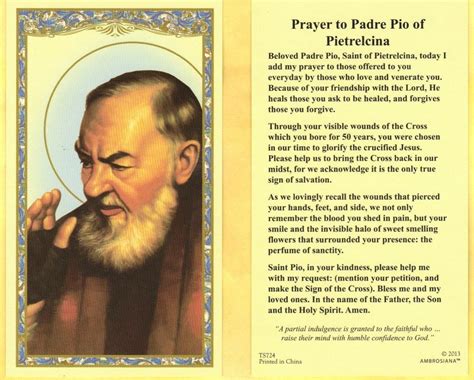 Saint St Pio With Prayer To Padre Pio Of Pietrelcina Paperstock Holy