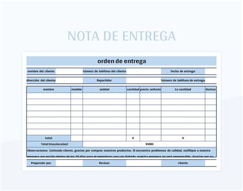 Plantilla de Formato Excel Nota De Entrega y Hoja de Cálculo de Google