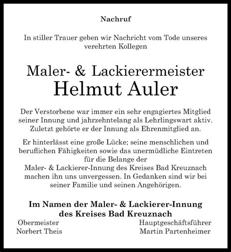 Traueranzeigen Von Helmut Auler Rz Trauer De