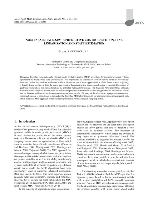 pdf nonlinear state space predictive control with on line linearisation and state estimation