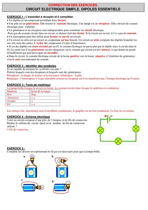 Le circuit électrique simple Corrigé série d exercices 1 AlloSchool