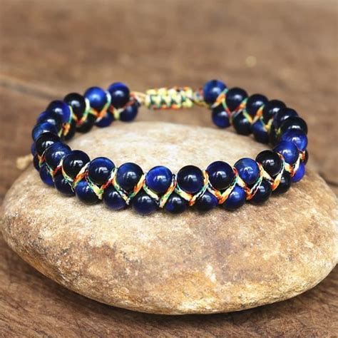A162 Bracelet de l amitié tressé de perles œil de tigre bleues pour