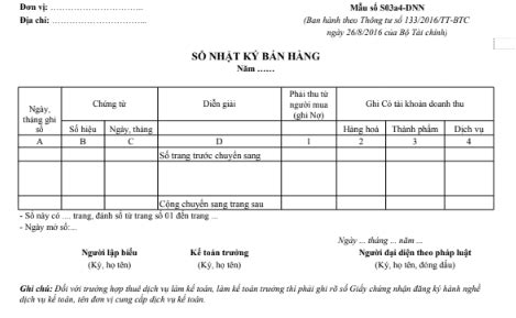 Mẫu sổ nhật ký bán hàng theo TT133 2016 TT BTC ngày 26 08 2016 của Bộ