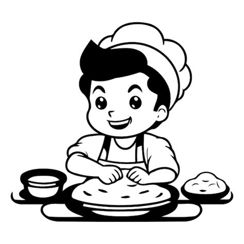 Cartoon boy chef cozinhando pizza Ilustração vetorial em estilo de