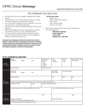 Out Of Network Care Claim Form UPMC Health Plan Fill And Sign