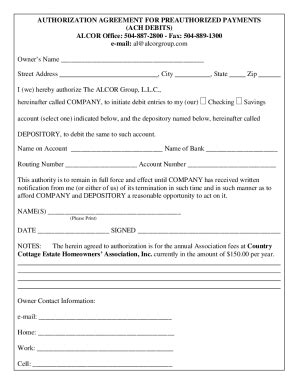 Fillable Online Authorization Agreement For Direct Payment Ach Debits