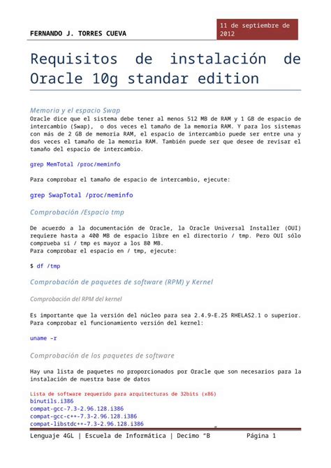 Docx Requisitos De Instalaci N De Oracle G Standar Edition