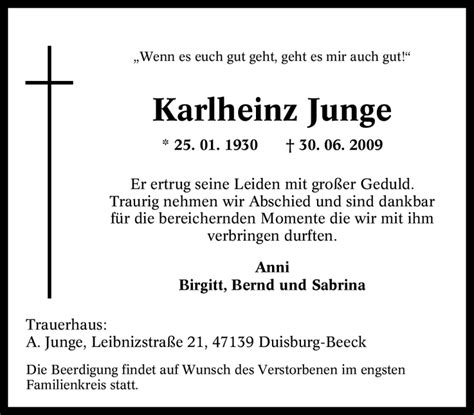 Traueranzeigen Von Karlheinz Junge Trauer In NRW De