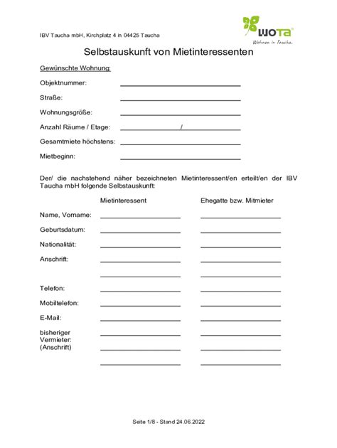 Ausfüllbar Online Selbstauskunft von Mietinteressenten Fax Email