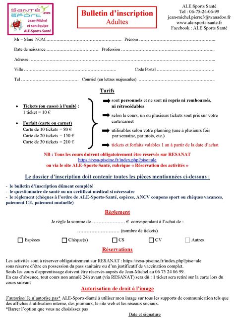 Bulletin D Inscription Adultes ALE SPORTS SANTE