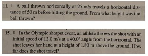 Solved A Ball Thrown Horizontally At M S Travels A Chegg