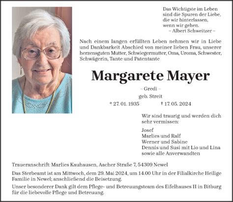 Traueranzeigen Von Margarete Mayer Volksfreund Trauer De