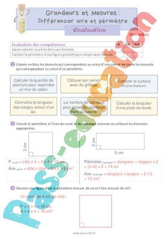Différencier aire et périmètre Évaluation de grandeurs et mesures