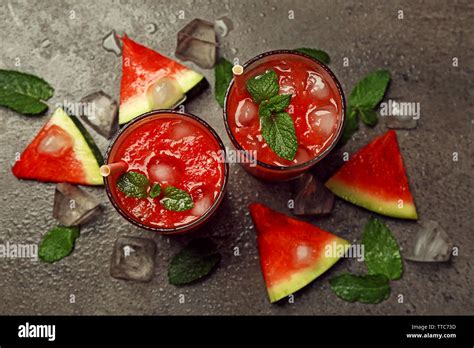 Cold Watermelon Drinks In Glasses On Dark Background Stock Photo Alamy