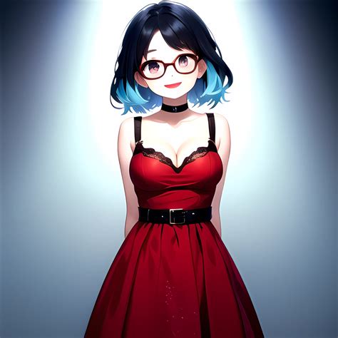 Kson 1girl Black Hair Blue Hair Breasts Brown Eyes Choker Cleavage Collarbone Dress Glasses