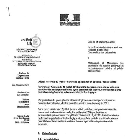 Lettre de la rectrice de Lille aux proviseurs des lycées généraux et