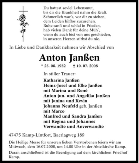 Traueranzeigen von Anton Janßen Trauer in NRW de