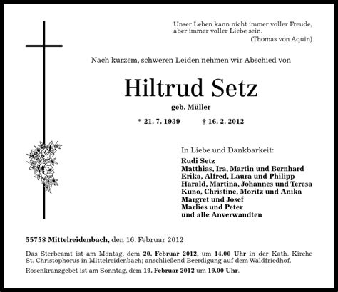 Traueranzeigen Von Hiltrud Setz Rz Trauer De
