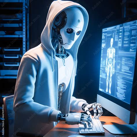 3d Rendering Humanoid Robot Working In Server Room With Computer