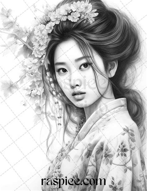 40 Beautiful Japanese Girls Grayscale Coloring Pages Printable For Adu