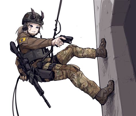 Safebooru 1girl Absurdres Assault Rifle Blue Eyes Body Armor Boots Brown Footwear Building