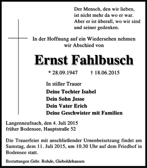 Traueranzeigen Von Ernst Fahlbusch Trauer Anzeigen De