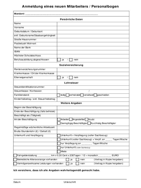 Ausfüllbar Online Personalbogen Arbeitgeber Name und Vorname des