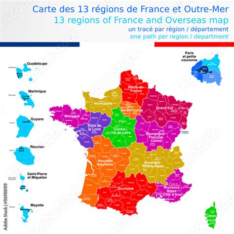 FotoMural Carte des 13 régions de France et outre mer colorée avec le