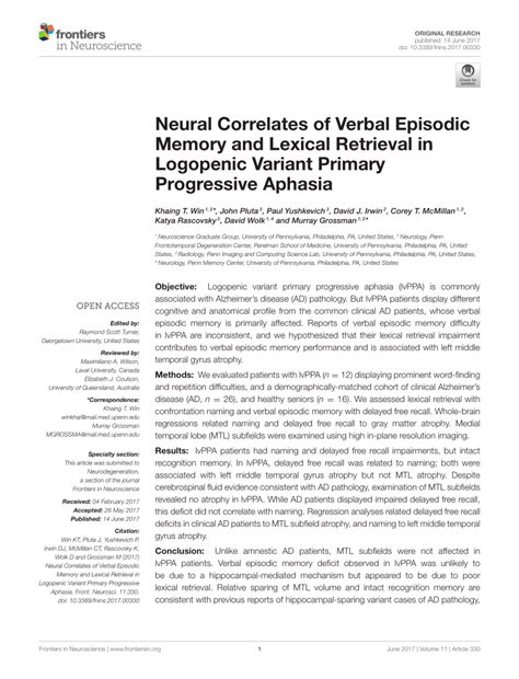 pdf neural correlates of verbal episodic memory and lexical retrieval in logopenic variant