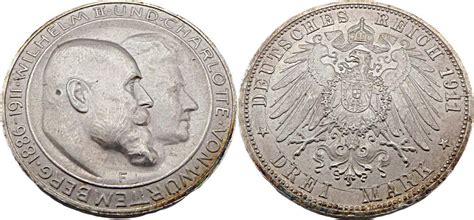 Kaiserreich Württemberg 3 Mark 1911 F 25 Jahrestag Hochzeit von