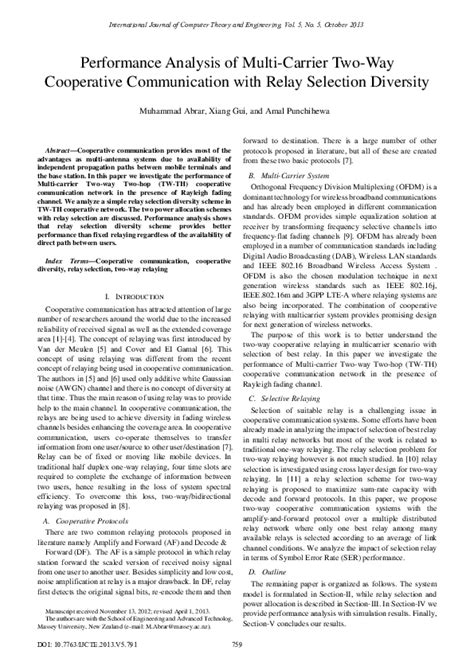 pdf performance analysis of multi carrier two way cooperative communication with relay