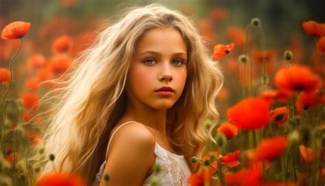 Una niña en un campo de amapolas Foto Premium
