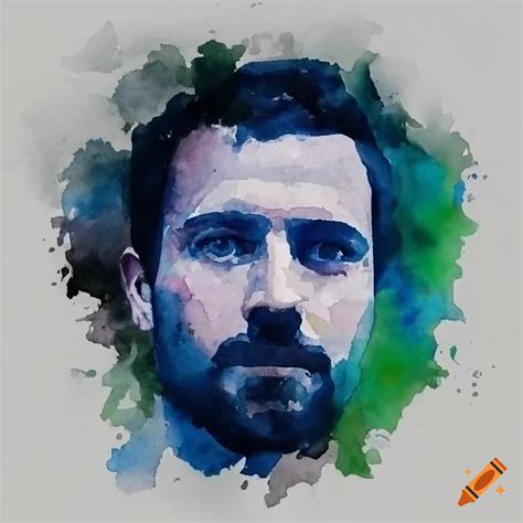 Watercolor Portrait Of A Serious Middle Aged Man With A Square Head And