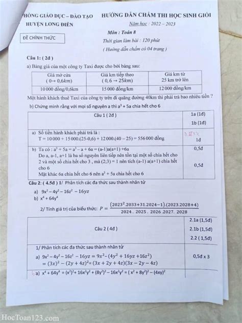 Đề thi HSG Toán 8 huyện Long Điền 2022 2023 có đáp án Học Toán 123