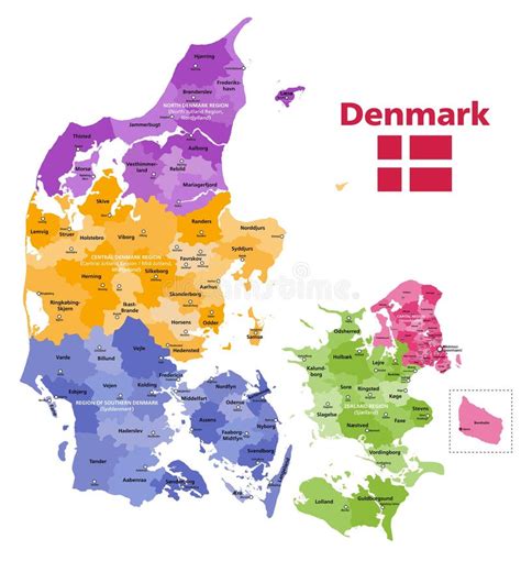 Mapa Azul De Divisiones Administrativas De Dinamarca Con Iconos De