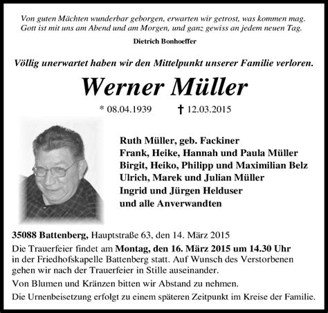 Traueranzeigen Von Werner M Ller Trauer Hna De