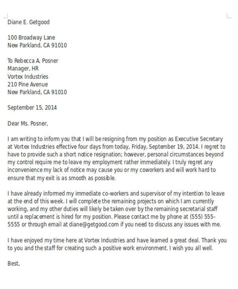 FREE 5 Sample One Day Resignation Letter Templates In PDF MS Word