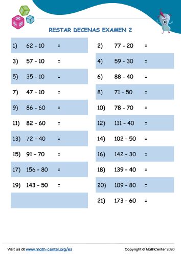 Tercer Grado Pruebas Restas Mentales De Dos Cifras Math Center