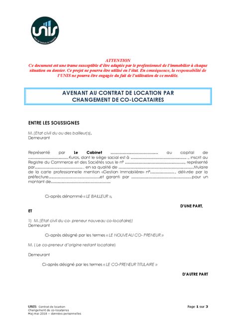 Avenant Au Contrat De Location Par Changement De Colocataires DOC