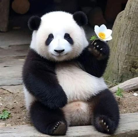 A Panda Bear Sitting On Top Of A Tree Trunk Holding A Flower In Its Hand