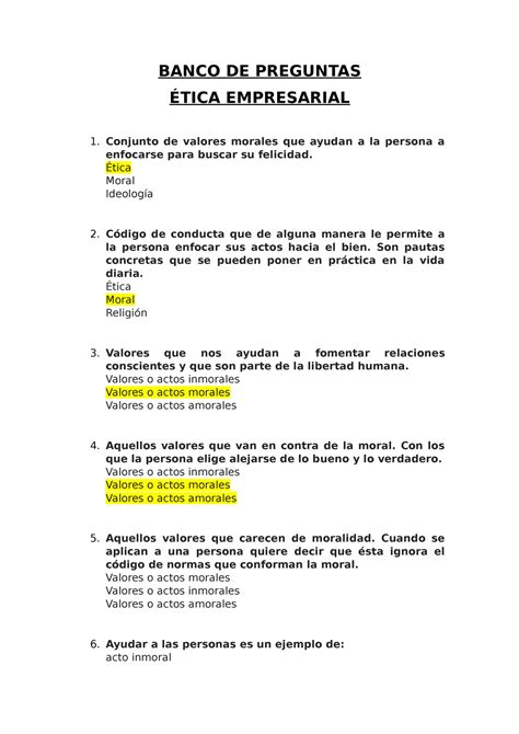 Banco DE Preguntas etica BANCO DE PREGUNTAS ÉTICA EMPRESARIAL