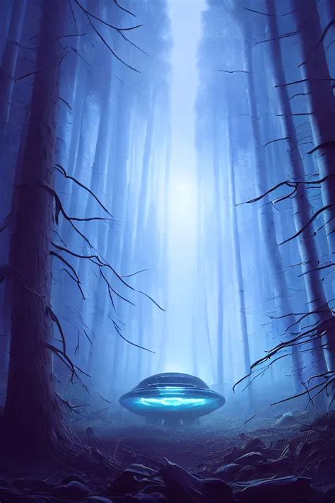 Matte Painting Alien Spaceship In Clearing In Forest Stable Diffusion