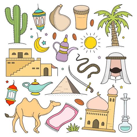 Premium Vector Arabian Desert And Culture Outline Doodle Hand Drawn