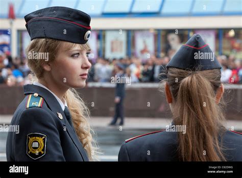 Two Female Police Cadets On Victory Day At Tverskaya Street In Moscow