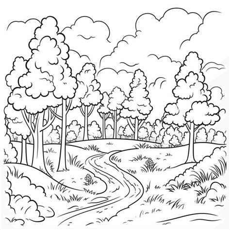 Ausmalbild Schattige Bäume und Wald Ausmalbild kostenlos herunterladen
