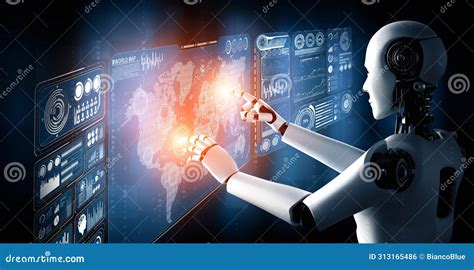 XAI AI Humanoid Robot Touching Virtual Hologram Screen Showing Concept