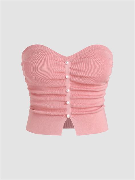 Curve Plus Faux Pearl Split Ruched Knit Crop Top For Date Vacation
