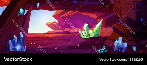 Dark Cave With Crystals Of Gem Stones In Walls Vector Image