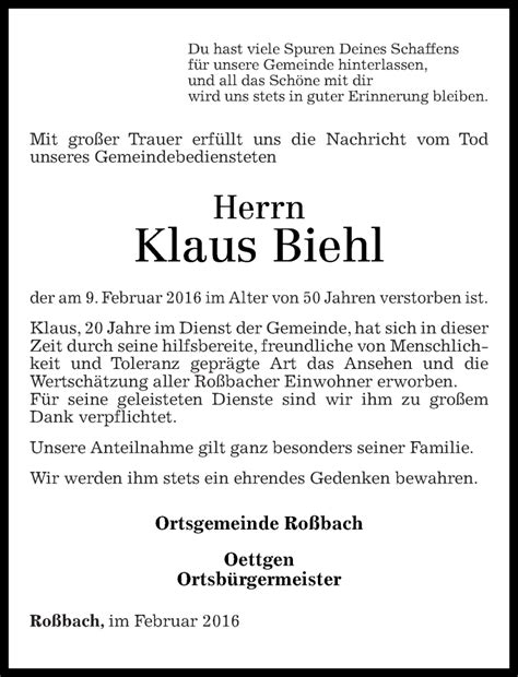 Traueranzeigen Von Klaus Biehl Rz Trauer De